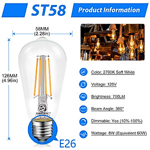 Energetic Dimmable LED Filament Light Bulbs, High Brightness, 8W, 60 Watt Equivalent, ST18 ST58, Soft White 2700K, Classic Clear Glass, 6 Pack