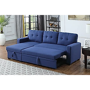 XDOUT L-Shape Sofa Sectional Convertible Sleeper with Storage Chaise and Pull-Out Bed, Linen Upholstered Reversible Corner 3 Person Couch, for Living Room, Apartment, 82", 82inch, Dark Blue