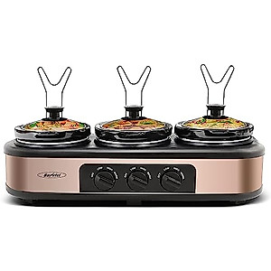 Sunvivi Triple Slow Cookers, 3x1.5 Qt Food Warmer Adjustable-Temp Server, Buffet Server for Parties, Mini Crock Dips Pot, Entertaining ＆ Holiday, Dishwasher Safe Glass Lid & Ceramic Pot, Stainless Copper with Lid Rests, 2 Year-Guarantee
