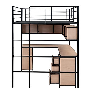 Harper & Bright Designs Full Size Metal Loft Bed with Desk, Bookcase and Storage Cabinet, Modern Heavy-Duty Steel Frame, for Kids Teens Adults (Black)