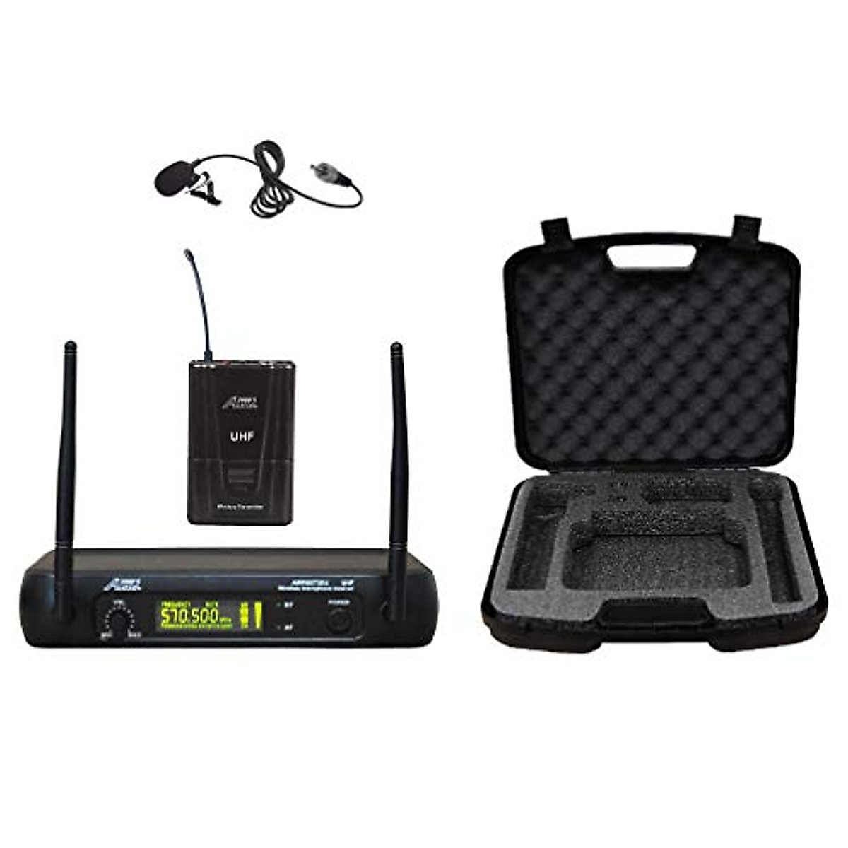 Audio 2000S S6073M UHF Wireless Lavalier Microphone System with Balanced XLR and 1/4-Inch Outputs, Volume Control, and Hard PVC Carrying Case