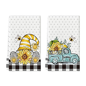 Artoid Mode Buffalo Plaid Gnome Bee Truck Sunflower Lemons Summer Kitchen Towels Dish Towels, 18x26 Inch Decoration Hand Towels Set of 2