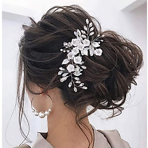 Latious Silver Flower Bride Wedding Hair Vine Crystal Bridal Hair Piece Rhinestone Hair Accessories Leaf Hair Jewelry for Women and Girls(5.5Inches) (A-Silver)