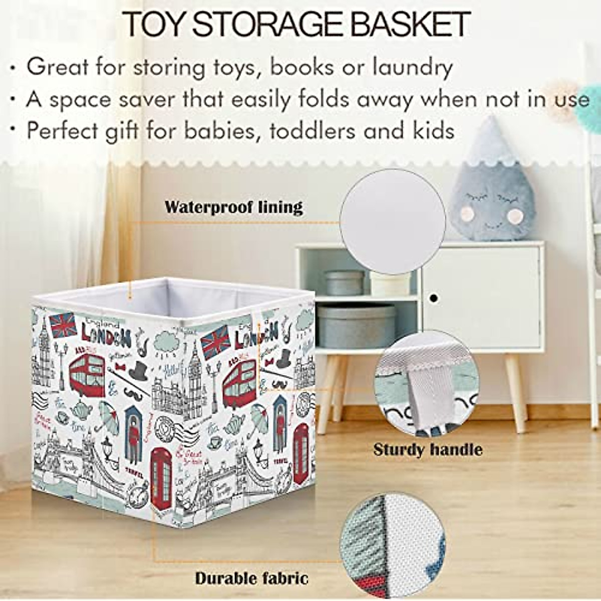 visesunny Rectangular Storage Bins London Landmark Lettering Storage Baskets Canvas Fabric Storage Boxes Foldable Nursery Basket for Clothes,Books,Toys,Shelves,Gifts