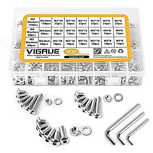VIGRUE 900Pcs Screws Bolts Nuts Washers Hardware Assortment Kit,Metric M3 M4 M 5 Hex Button Socket Head Cap Screws Nuts Assortment Set Kit