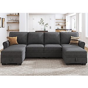 HONBAY U Shaped Sectional Couch with Storage Seat, Reversible Chaise, Convertible for Living Room, Dark Grey