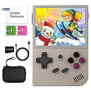 RG35XX Handheld Game Console , Dual System Linux+GarlicOS 3.5 Inch IPS Screen Built-in 64G TF Card 6831 Classic Games Support HDMI TV Output with Portable Bag (Gray)