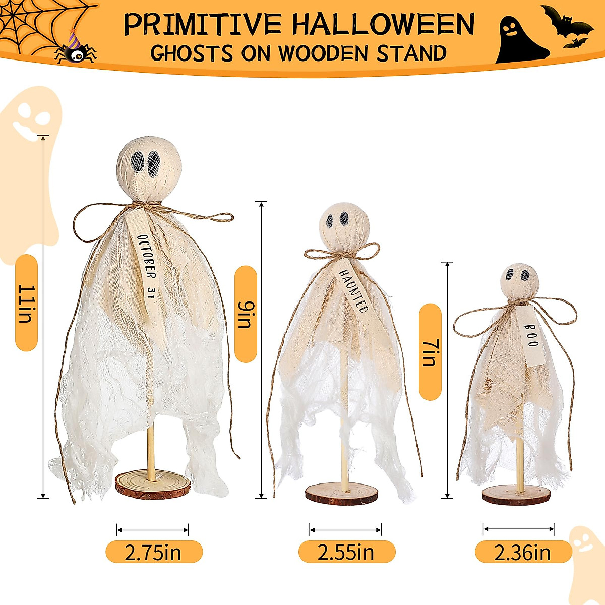 AMDBHC Halloween Decorations Indoor - 3 Set of Primitive Halloween Ghosts on Wooden Stand Spooky Halloween Ghosts Decor for Table Centerpieces Tiered Trays Shelves Mantels Home Halloween Décor