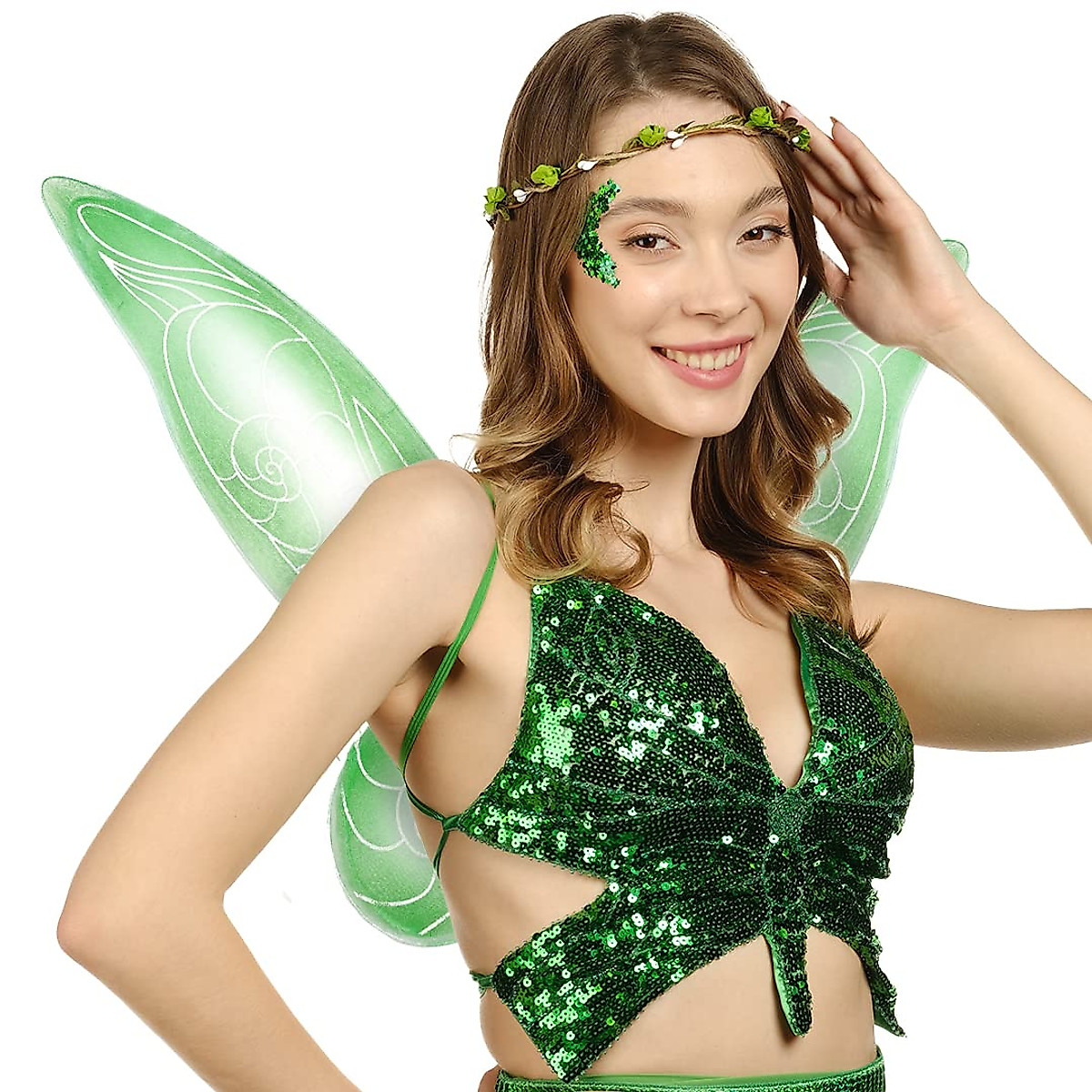 Funcredible Fairy Costume Accessories - Green Fairy Wings and Flower Crown, Glitter - Tooth Fairy Cosplay Outfit for Women and Girls