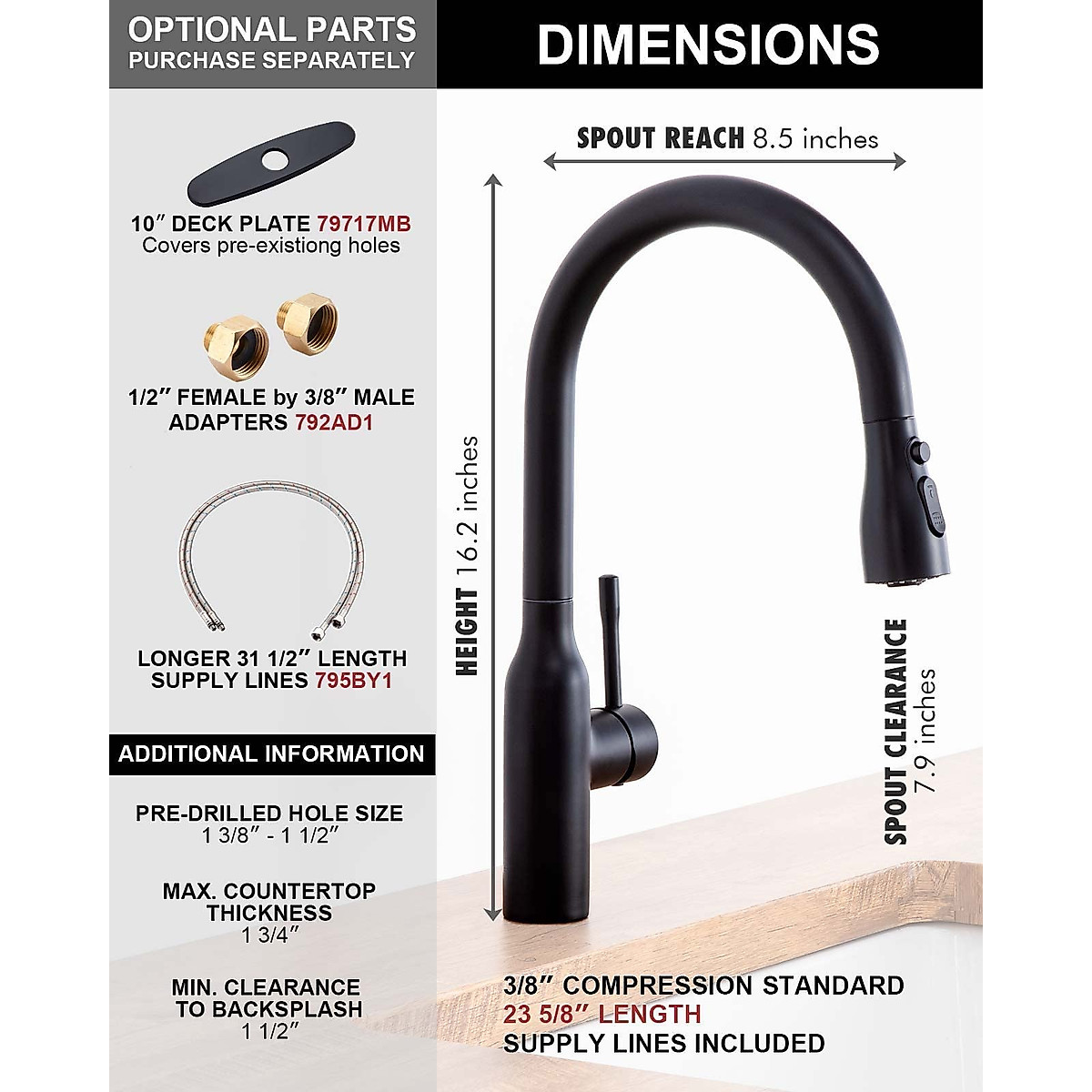 Darnok 79722MB Colin Black Kitchen Faucet with Pull Down Sprayer, 16-inch High-arc Magnetic Docking Kitchen Sink Faucet, Matte Black