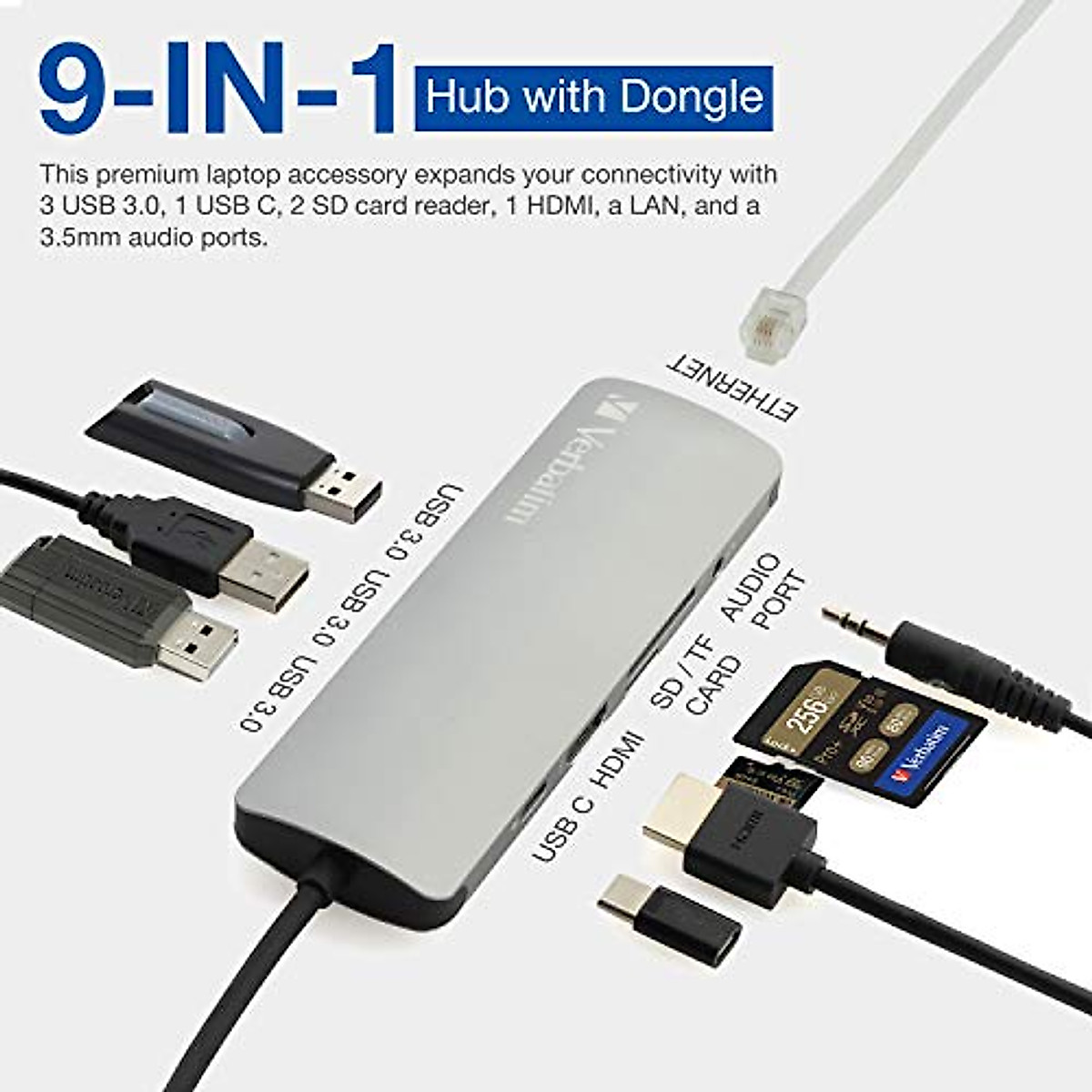 Verbatim 9-in-1 USB C Hub Adapter - 100W Power Delivery, USB 3.0, SD Card Readers, Gigabit LAN, 3.5mm Port for USB C Laptops