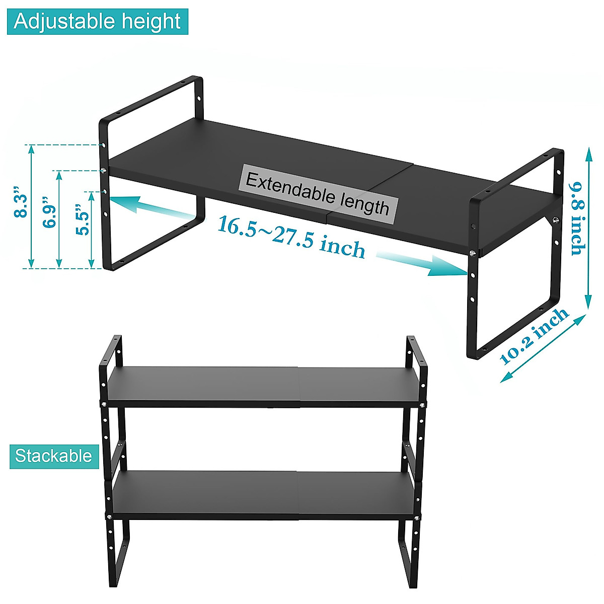 iPEGTOP Expandable Cabinet Storage Shelf Organizer, Heavy Duty Steel Metal Spice Rack Adjustable Height Home Office Garage Pantry Shelf Space Riser for Counter Kitchen Organization, Black, 1 Pack