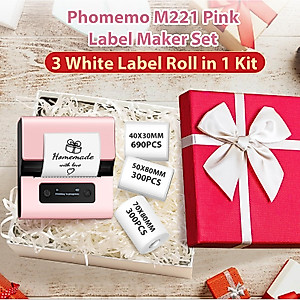 Phomemo Label Maker -3Inch Pink Label Maker, Upgrade Portable Bluetooth Thermal Label Printer for Small Business, Crafts, Clothing, Food Ingredient, Easy to Intall, for Phone&PC, with 3 Roll Paper Set