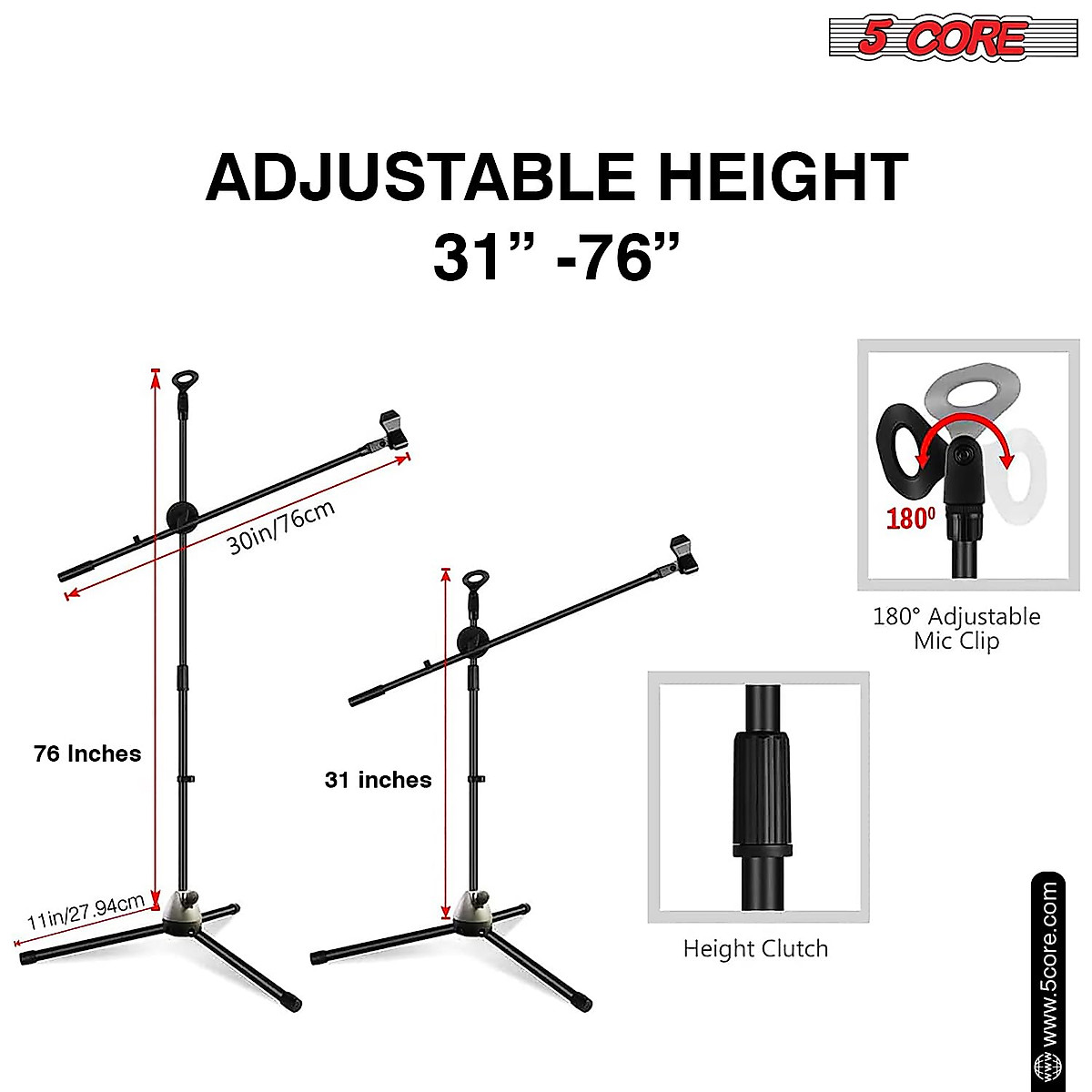 5 Core Tripod Mic Stand Floor 4Pcs Adjustable 31 to 76 Inches Boom Arm Holder Microphone Stands 360 Degree Rotating + Dual Mic MS DBL 4PCS