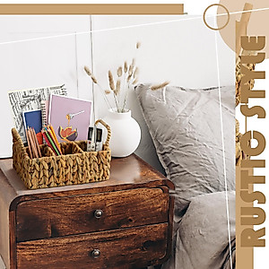 Wicker Flatware Storage Basket Utensil Caddy Hand Woven Divided Cutlery Holder Kitchen Utensil Organizer Water Hyacinth Silverware Organizer with Handle for Countertop Party, 10 x 7.9 x 3.9 Inch