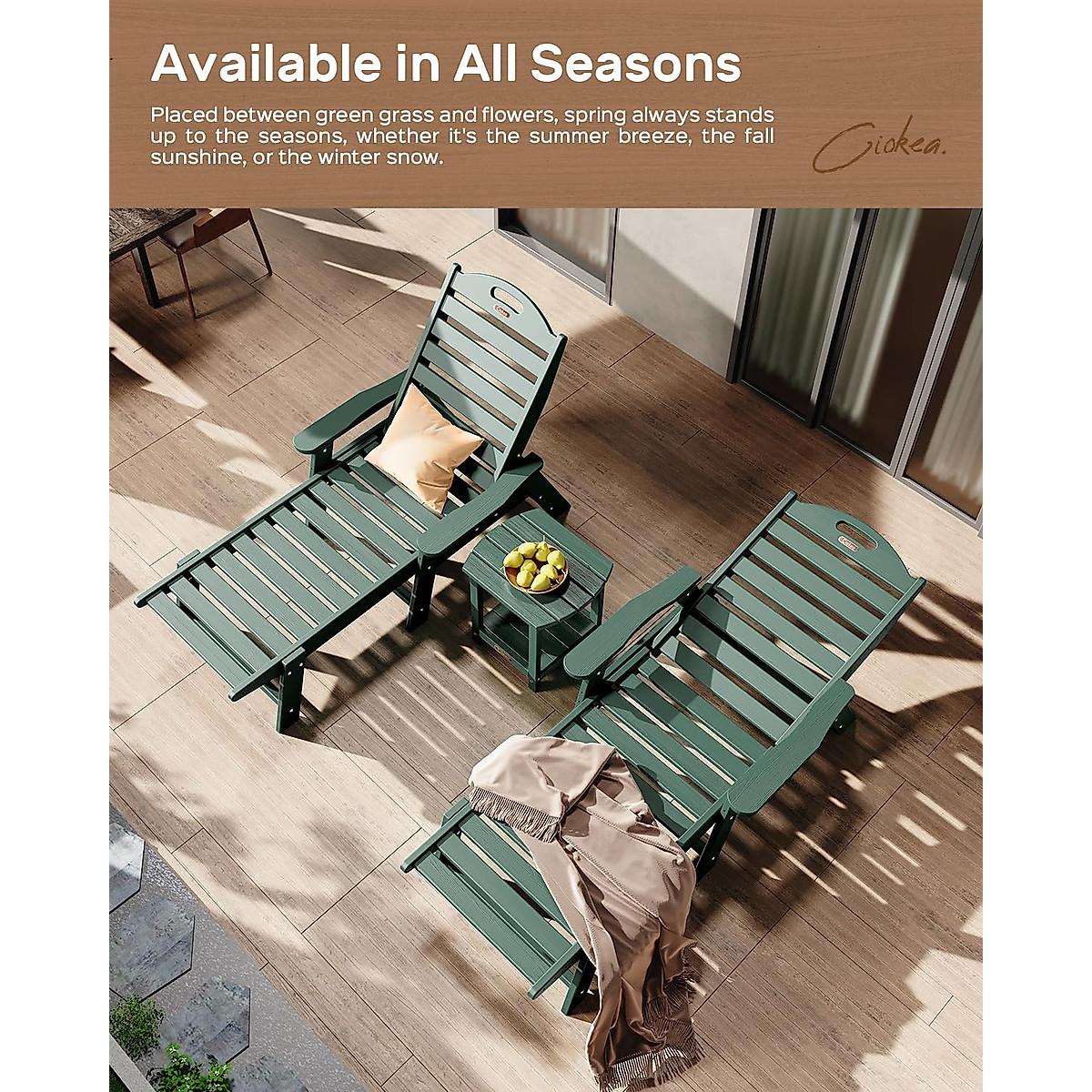 Ciokea Chaise Lounge Chair Outdoor with Wood Texture, Adjustable 5-Position Chaise Lounge Outdoor, Patio Lounge Chair for Poolside Backyard, Green