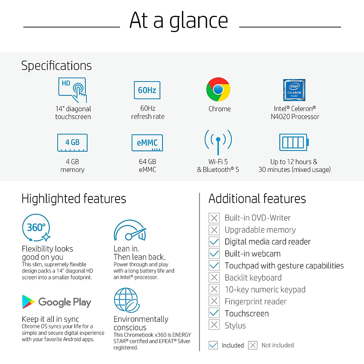 HP Chromebook x360 14" Touchscreen Laptop, Intel Celeron N4020, 4GB RAM, 64GB HD, Chrome OS, Forest Teal/Light Teal, 14a-ca0190wm