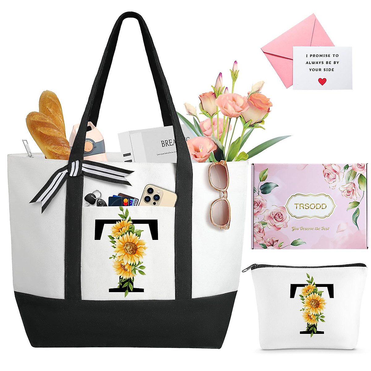 TRSODD Sunflower Gifts for Women, Womens Christmas Gifts, Floral Can-vas Tote Bags, Personalized Birthday Bridesmaid Teacher Grandma Mom Gifts, Overnight Bag w Makeup Bag Inner Pocket Card Gift Box T