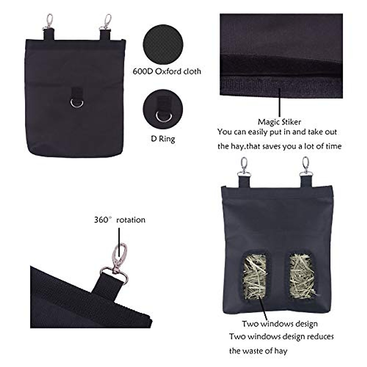 Rabbit Hay Feeder Bag, Guinea Pig Hay Feeder Storage, Rabbit Hay Bag, Guinea Pig Hay Feeder,11in X9.4in Small Animal Feeder Bag (Black)