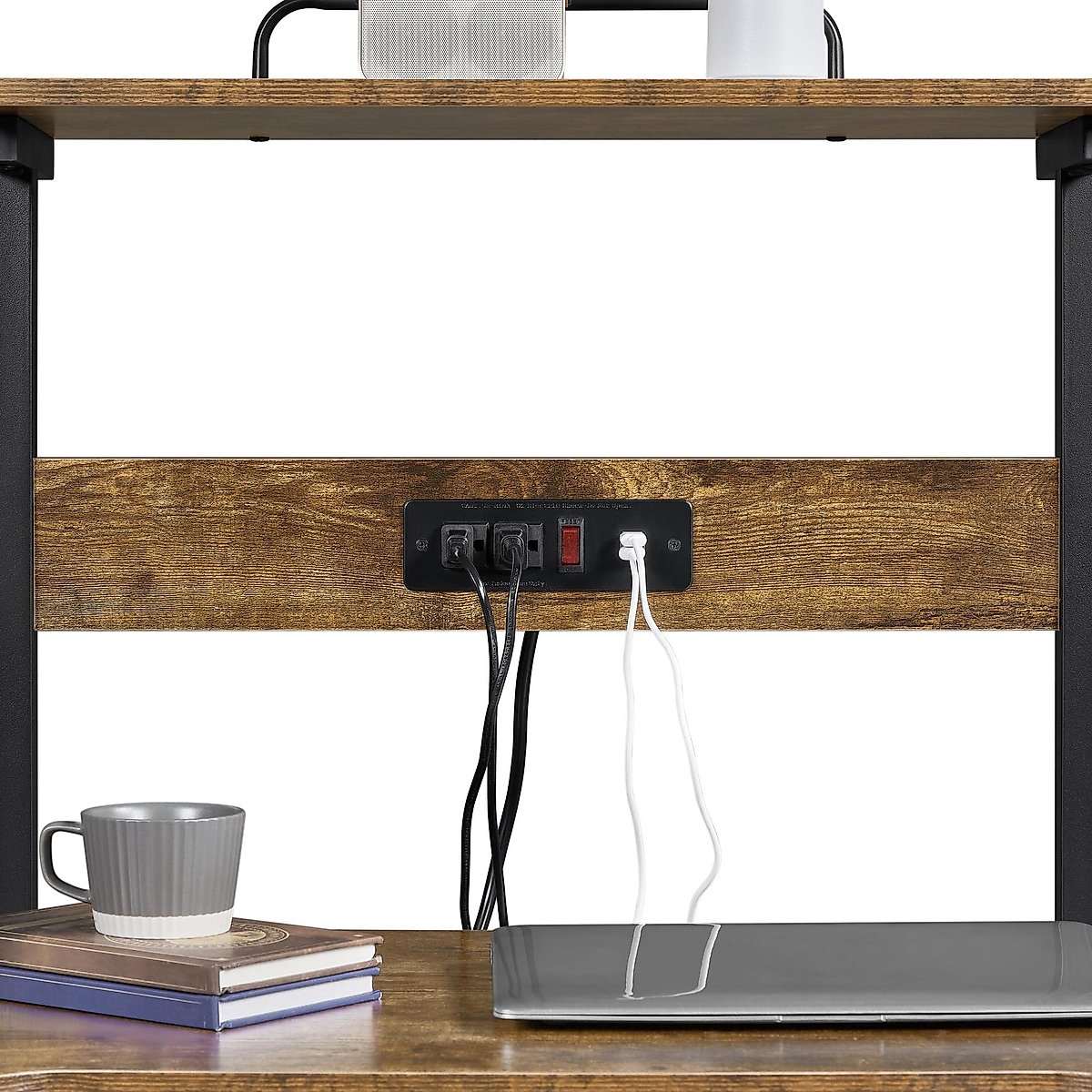 Topeakmart 3 Tiers Rolling Computer Desk with Power Outlet and USB Ports for Space Saving, Home Office Desk with Keyboard Tray and Printer Shelf on Wheels, Laptop PC Workstation Table, Rustic Brown