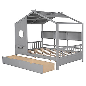 Bellemave Full Size House Bed with 2 Storage Drawers,Kids Bed with Storage Shelves,Wooden House Bed Frame for Girls,Boys,Can be Decorated,Gray
