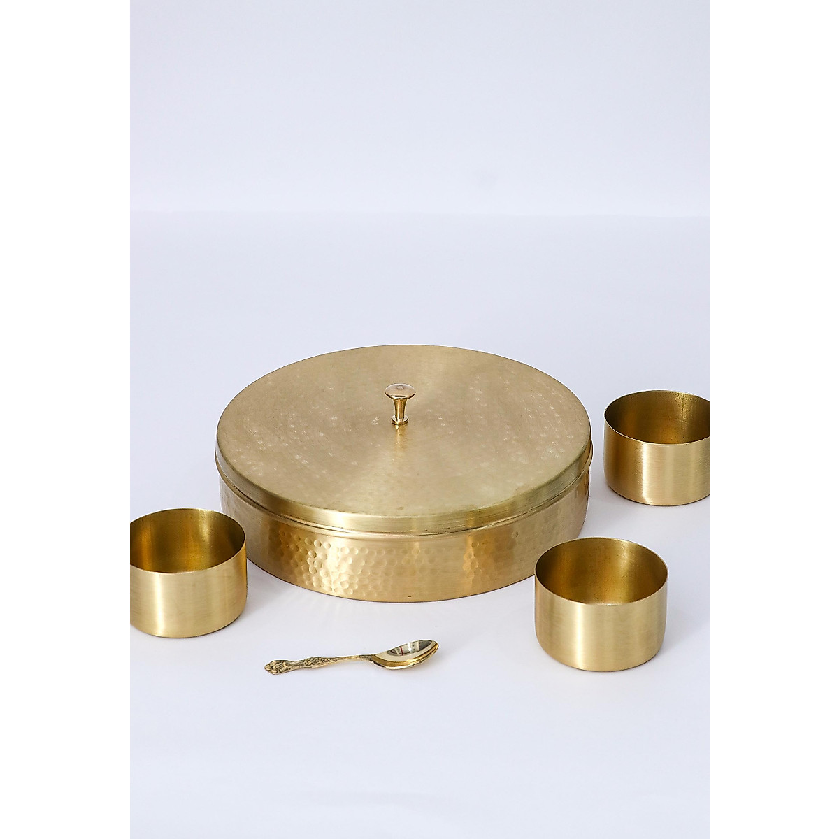 ZAARIYA Hammered Pattern Handcrafted Brass Masala/Spice Box Set With Spoon Container 90 ML-Food Spice Storage Rack Indian Boxes Dani Dabba For Kitchen (8-INCH)