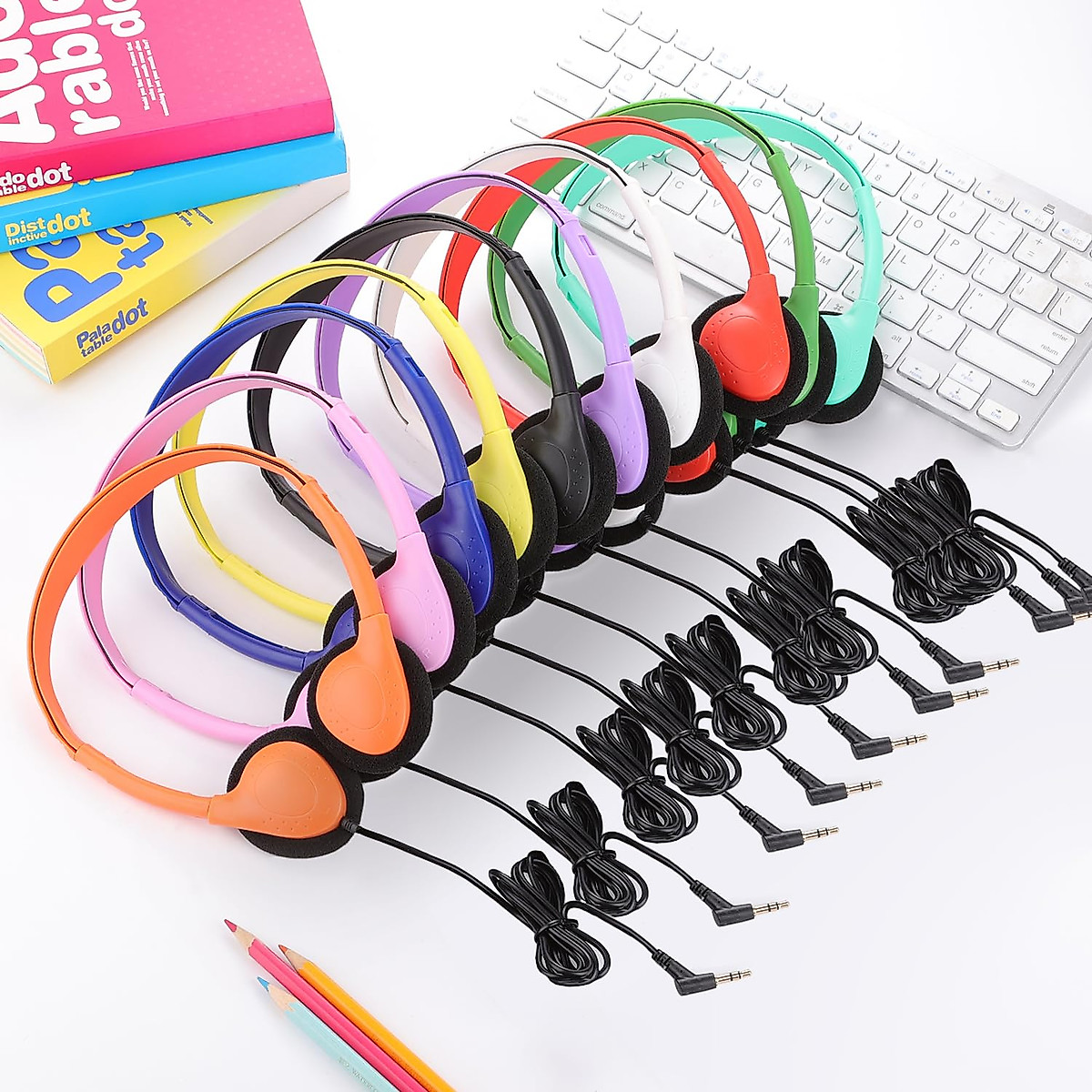 Ladont 20 Pack Bulk Classroom Headphones for Students Kids School, Wholesale Headphones Class Set with 3.5mm Jack for Chromebook Laptop PC Computer(10 Mixed Colors)