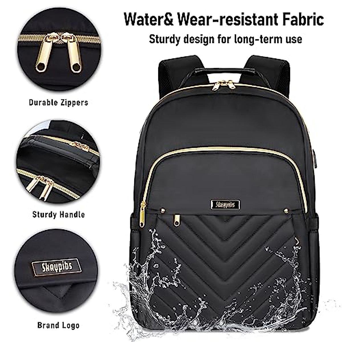 Skaypibs Backpack for Women, School Backpack, Water Resistant Back pack with USB Charging Port, Business Anti Theft Durable Computer School Bookbag, Gifts for Women, Fits 15.6-Inch Laptop, Black