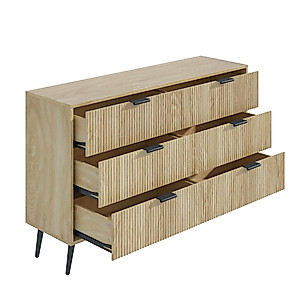 6 Drawer Double Dresser for Bedroom, Modern Dressers Chest of Drawers with Fluted Panel, Wide Wood Storage Dresser Organizer, Dresser TV Stand for Bedroom, Living Room (6Drawer-Wood-wu)