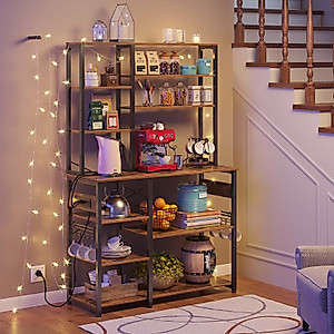 Rolanstar Baker's Rack, 60.9inch 10-Tier Kitchen Utility Storage Shelf with 15 Hooks, Large Kitchen Rack with Power Outlet, Microwave Oven Stand, Stable Coffee Bar, Rustic Brown