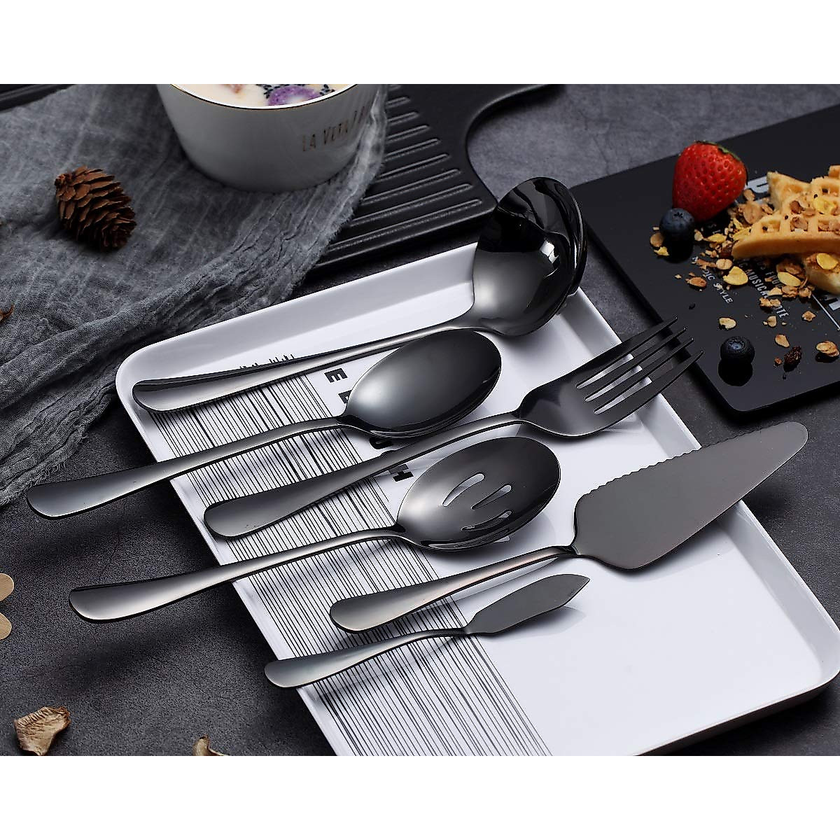 HOMQUEN 6-Piece Black Serving Flatware Silverware Set,Stainless Steel Serving Utensil Set,Include Cake Server, Slotted Serving Spoon, Serving Spoon, Cold Meat Fork, Butter Knife, Soup Ladle