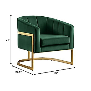 Meridian Furniture Carter Collection Modern | Contemporary Upholstered Velvet Barrel Accent Chair with Gold Stainless Base, Green, 29" W x 27.5" D x 31" H