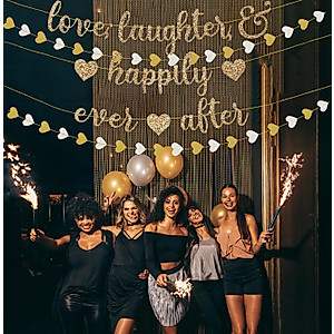 Pre-Strung Love Laughter & Happily Ever After Banner for Wedding Shower Decorations, Gold Glitter Banner Sign with 13FT Heart Streamers Garland for Bachelorette Party Bridal Shower Engagement