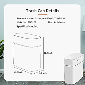 Garbage Can with Lid for Bathroom, JOYBOS Small Trash Can with Press Type Cover, Slim Narrow 14L Waste Bin, Suit for Bedroom, Laundry, Office, Kids Room, Living Room