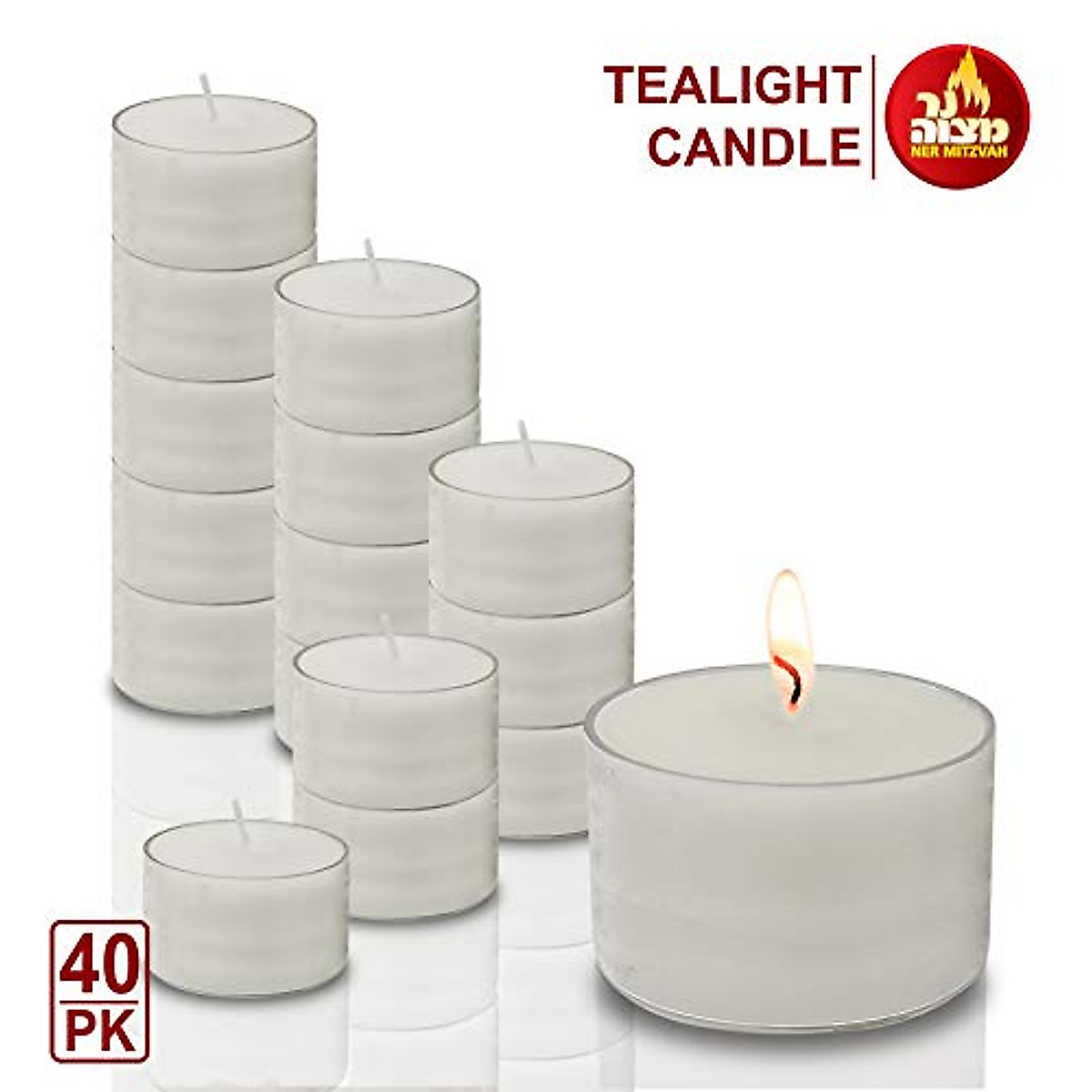 Ner Mitzvah Long Lasting Tealight Candles - 6 Hours - White in Clear Cups - Unscented - 40 Pack - Made in EU