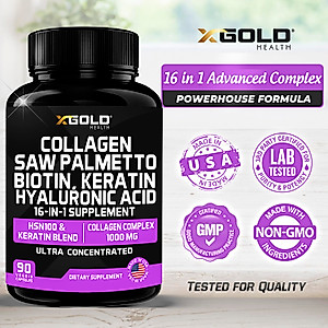 HSN100 - Collagen, Saw Palmetto, Biotin, Keratin & Hyaluronic Acid - 16-in-1 Beauty Supplement with Vitamin C & E, Collagen Complex & Keratin Blend - Hair, Skin & Nail Growth - 90 Capsules