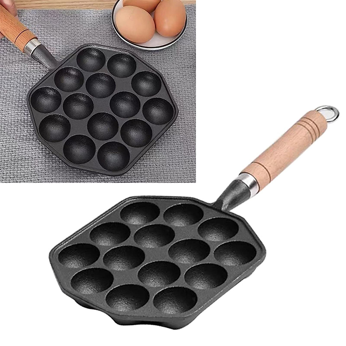 Yunir Takoyaki Pan, 14 Holes Cast Nonstick Iron Japanese Grill Pan with Detachable Handle, Anti Scalding, Octopus Meat Balls Maker, Easy to Use and Store