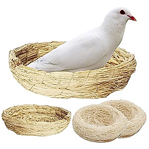 Fhiny Handmade Woven Bird Spawning Nest with Coconut Fiber Liner Flat Base Straw Bird Nest Bed Hatch Roosting for Dove Pigeon Parrot Turtle Quail Macaw Cuckoo Sparrow
