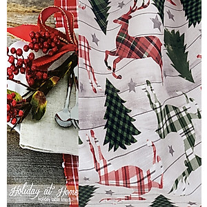 Newbridge Merry Reindeer Prance Country Rustic Christmas Fabric Tablecloth, Fun Cottage Reindeer and Xmas Tree Plaid Easy Care Holiday Tablecloth, 52” x 52” Square