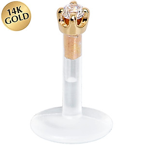Body Candy 16 Gauge 1/4" Short Post Length 14k Yellow Gold 1.5mm CZ Bioplast Push in Cartilage Earring