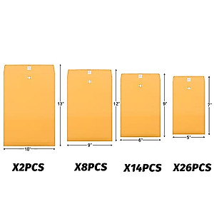 4 Sizes Clasp Envelopes Kraft Paper Catalog Clasp Envelope with Clasp Closure for Filing, Storing or Mailing Documents, 50 Pieces (Yellow,5 x7 In,6 x 9 In,9 x 12 In,10 x 13 In)