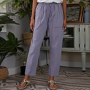 Bravetoshop Women's Cotton Linen Pants Lightweight Wide Leg Pants Summer Casual Baggy Trousers with Pockets (Purple,M)