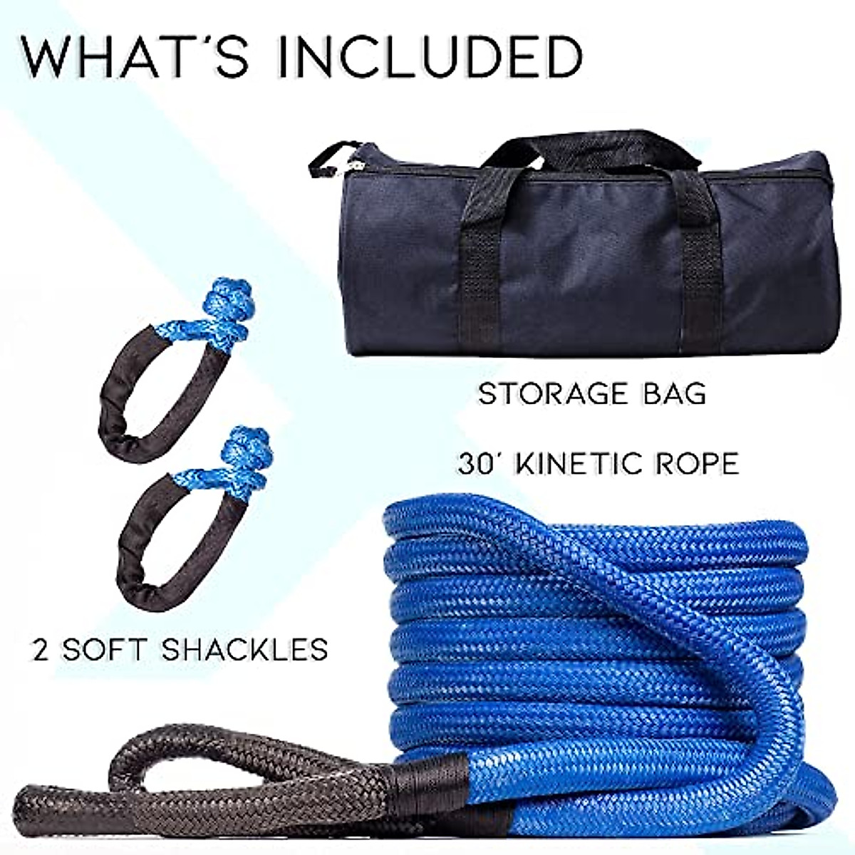 HEROX 1” x 30ft Kinetic Recovery Rope Kit - Offroad Tow Strap - Heavy Duty Tow Rope for Trucks ATV Vehicles SUV and UTV - Comes with 2 Soft Shackles and Storage Bag - Blue