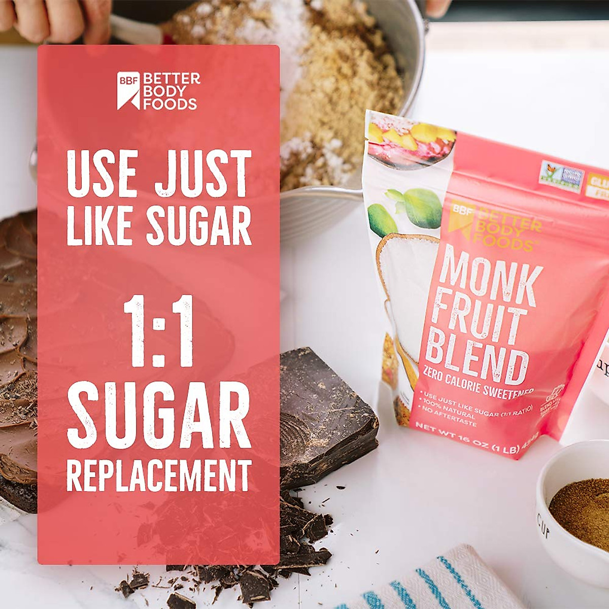 BetterBody Foods Monk Fruit Sweetener Blend, Raw Cane Sugar Substitute, Zero Calorie, Keto Diet Friendly, Zero Net Carbs, Zero Glycemic, Baking, Extract, Sugar Replacement, 1lb, 16 oz