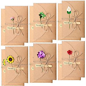 JJYHEHOT 12 Packs Dried Flowers Greeting Card with Envelopes, Brown Retro Kraft Holiday Gift Card, DIY Invitation Wish Card Note Card Thank You Card for Birthday Christmas