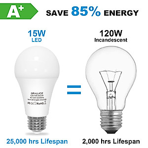 ORALUCE LED Light Bulbs 100 Watt - 120 Watt Equivalent, 15W 1600 Lumens 6500K Cool White LED Bulbs, E26 Medium Base, Non-Dimmable, UL Listed, 6Pack