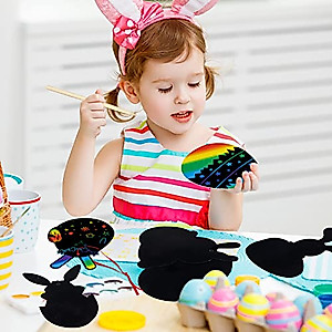 GOMANCHE 48 Pcs Easter Scratch Crafts for Kids, Rabbit Bunny Carrot Easter Egg Rainbow Scratch Paper Ornaments with Wooden Stick and Ribbon for Easter Party Favors