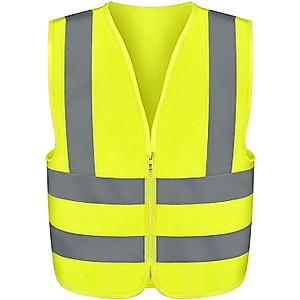 Neiko 53941A High Visibility Safety Vest with Reflective Strips | Size Large | Neon Yellow Color | Zipper Front | For Emergency, Construction and Safety Use