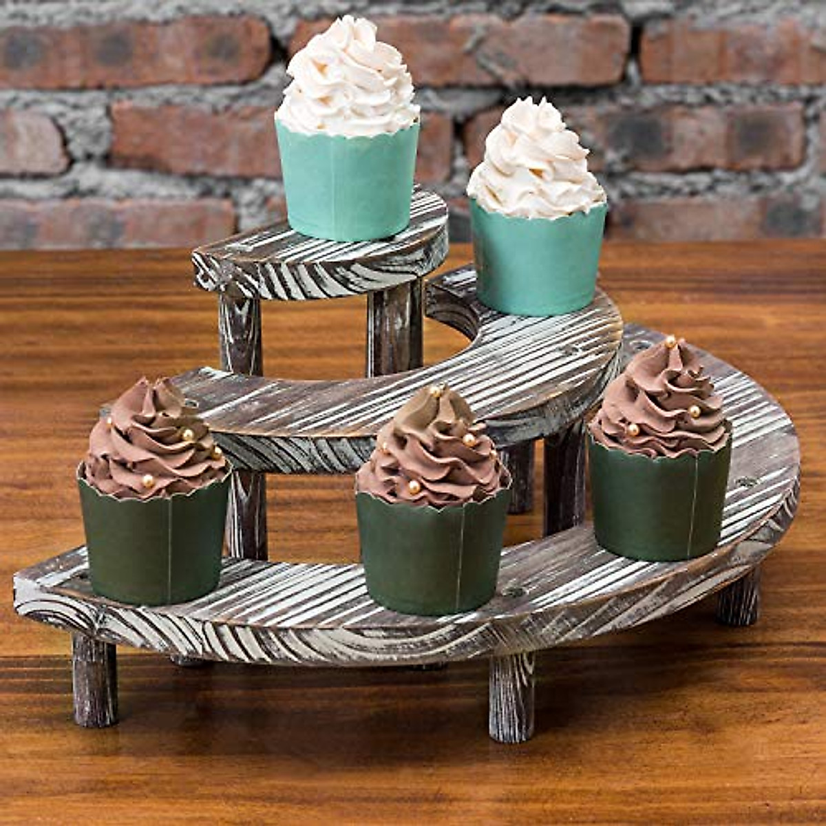MyGift 3 Tier Rustic Torched Wood Semicircle Cupcake Stand Display Risers