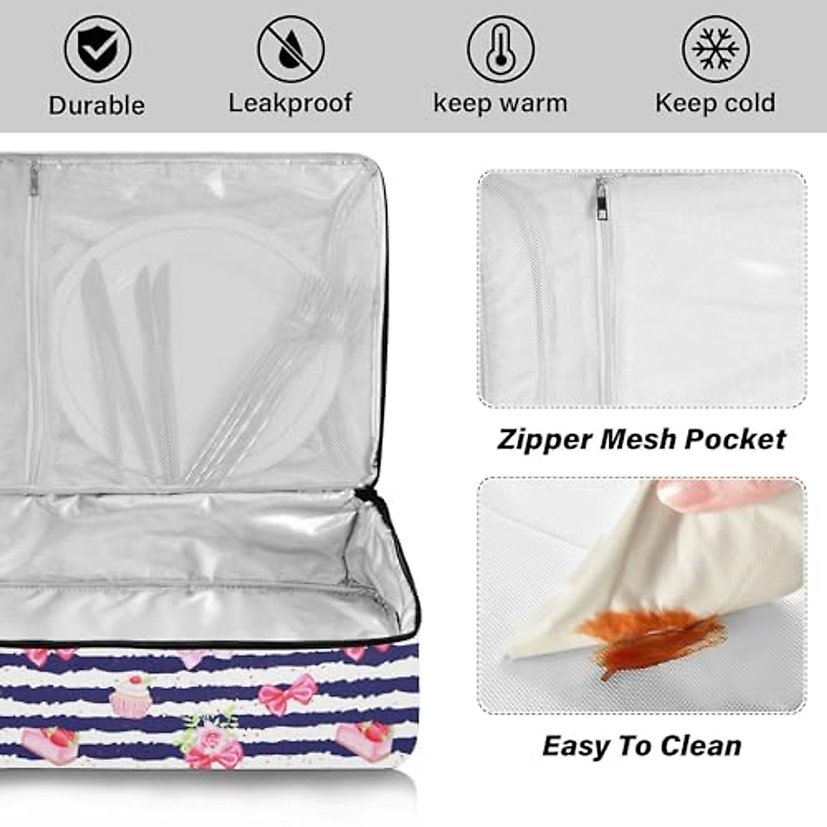 Kcldeci Insulated Thermal Food Carrier Insulated Casserole Carrier for Hot or Cold Food,Navy Striped Red Bows Insulated Tote Bag for Potluck Cookouts Parties Picnic,Lasagna Lugger